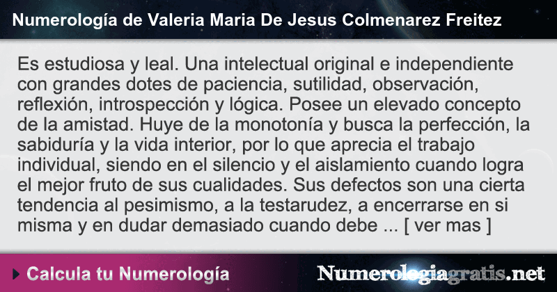 Numerología de Valeria Maria De Jesus Colmenarez Freitez.